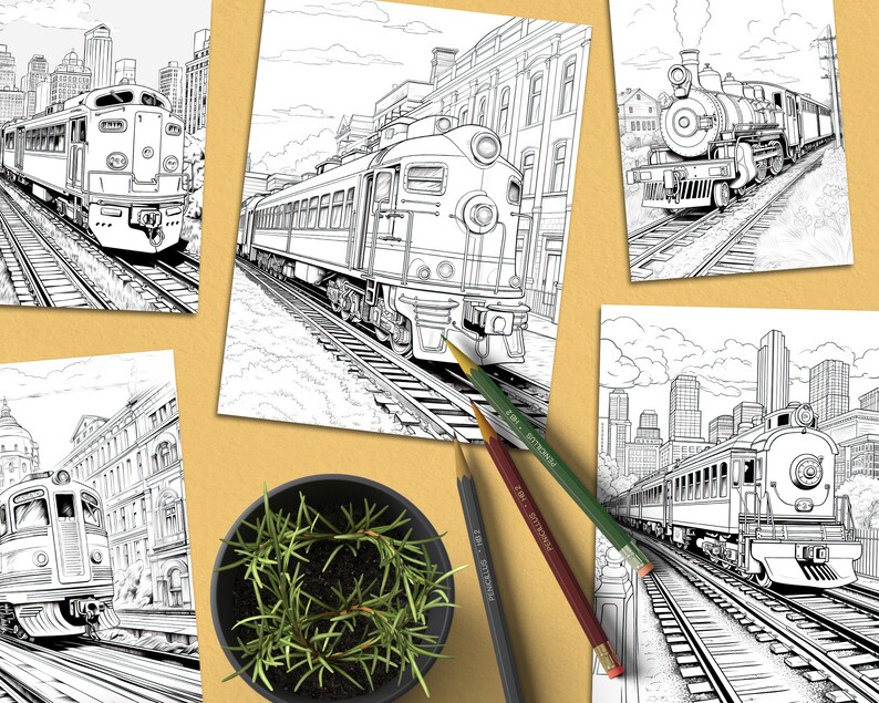 Trains Coloring Book Pages for Kids and Adults, Instant Digital ...