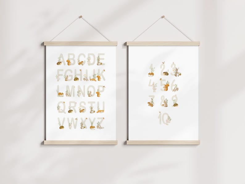 Woodland Animals Alphabet & Numbers Poster: Boho Nursery Art Digital ...