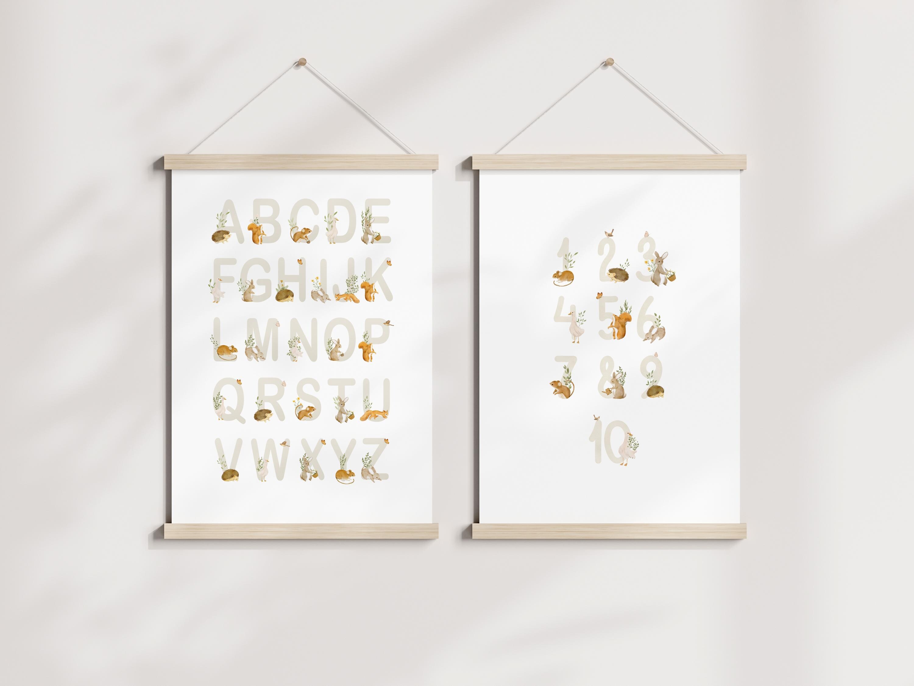 Woodland Animals Alphabet & Numbers Poster: Boho Nursery Art Digital ...