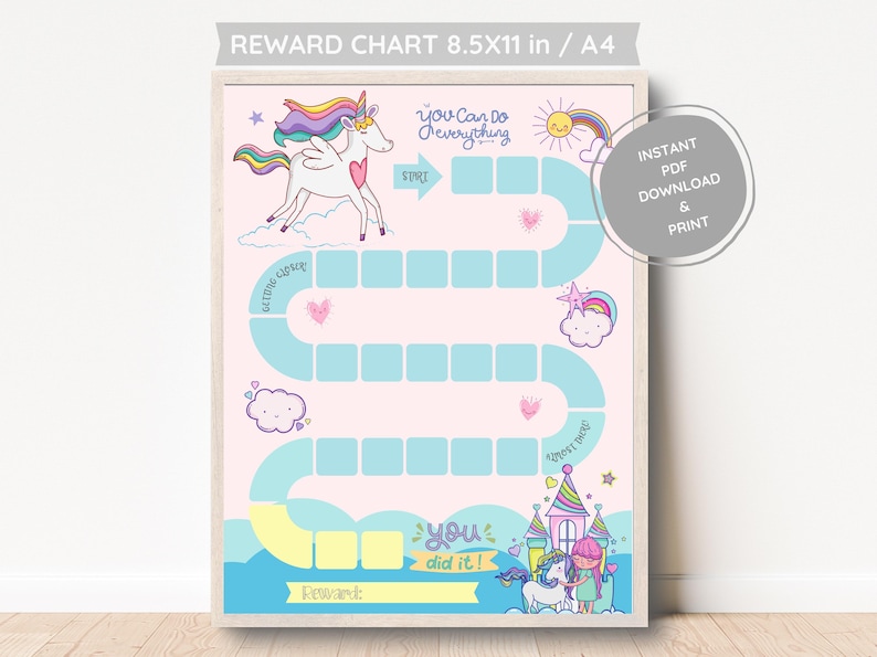 Princess Unicorn Reward Chart for Girls Kawaii Rainbow Potty Chart Cute ...