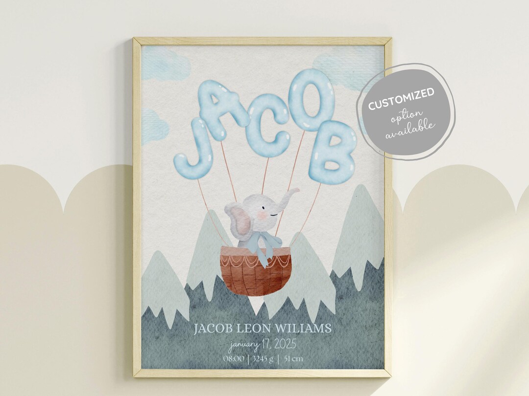 Personalized Newborn Birth Stats Poster, Teddy Bear or Elephant in Hot ...