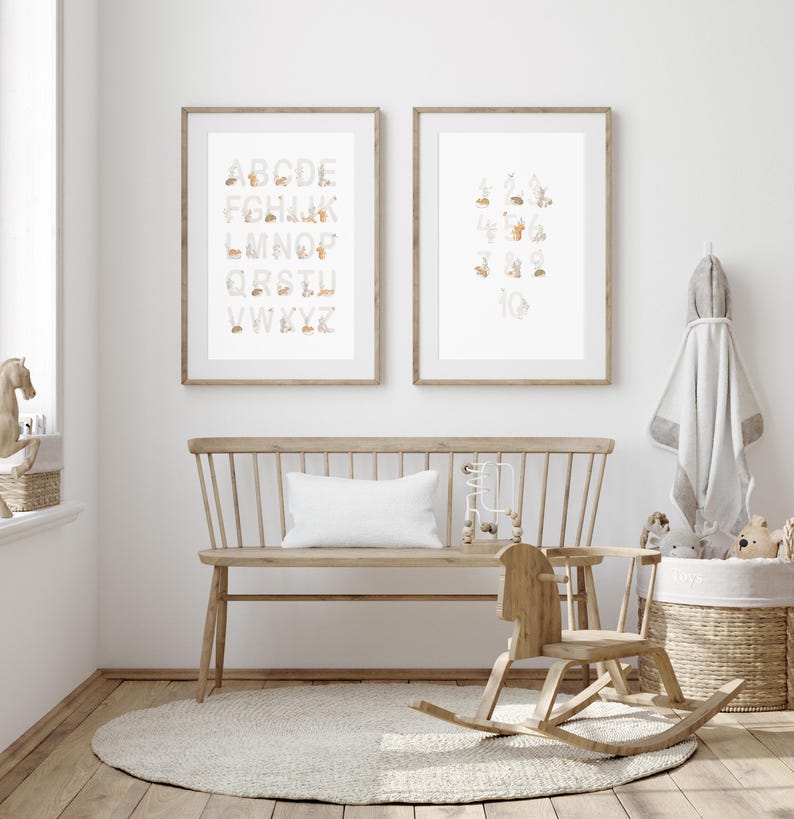 Woodland Animals Alphabet & Numbers Poster: Boho Nursery Art Digital ...