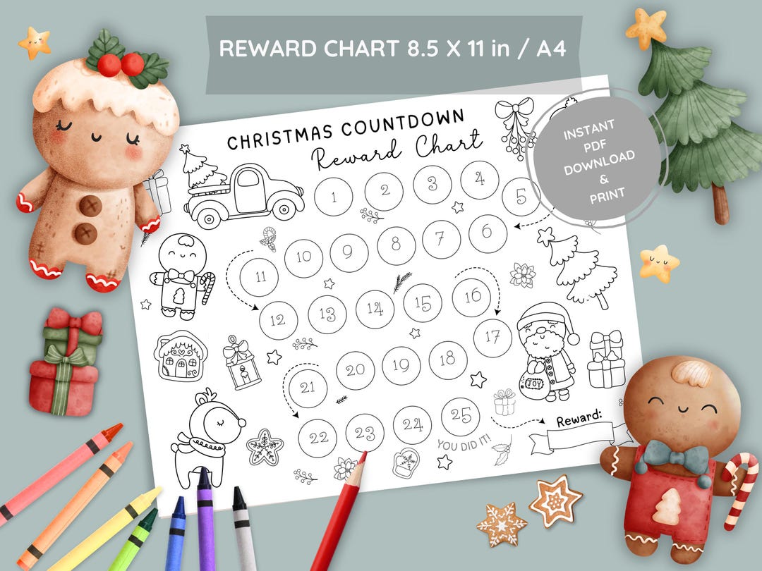 Christmas Coloring Reward Chart for Kids, Cute Gingerbread Man Winter ...