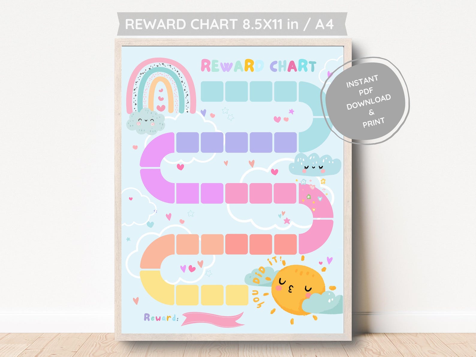Rainbow Reward Chart, Kawaii Potty Chart, Cute Sun and Cloud ...