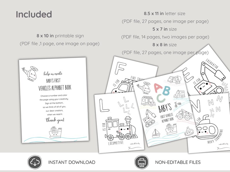 Printable Baby's 1st ABC Coloring Book, Baby Shower Craft, Cars ...