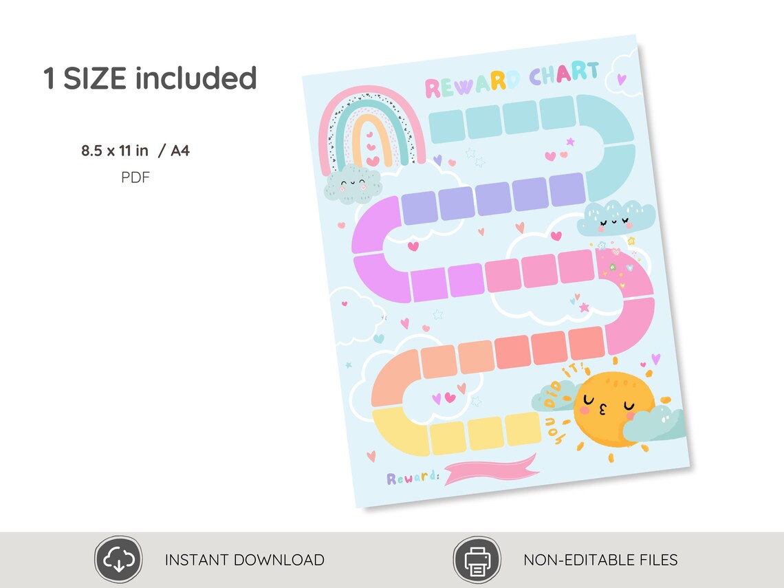 Rainbow Reward Chart, Kawaii Potty Chart, Cute Sun and Cloud ...