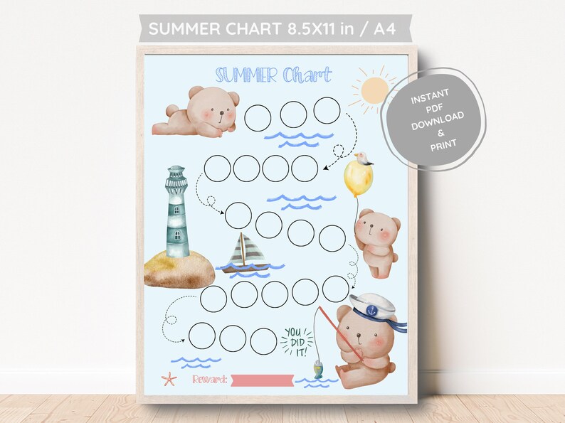 Summer Reward Chart, Pastel Blue Potty Chart, Cute Summer Motivational ...