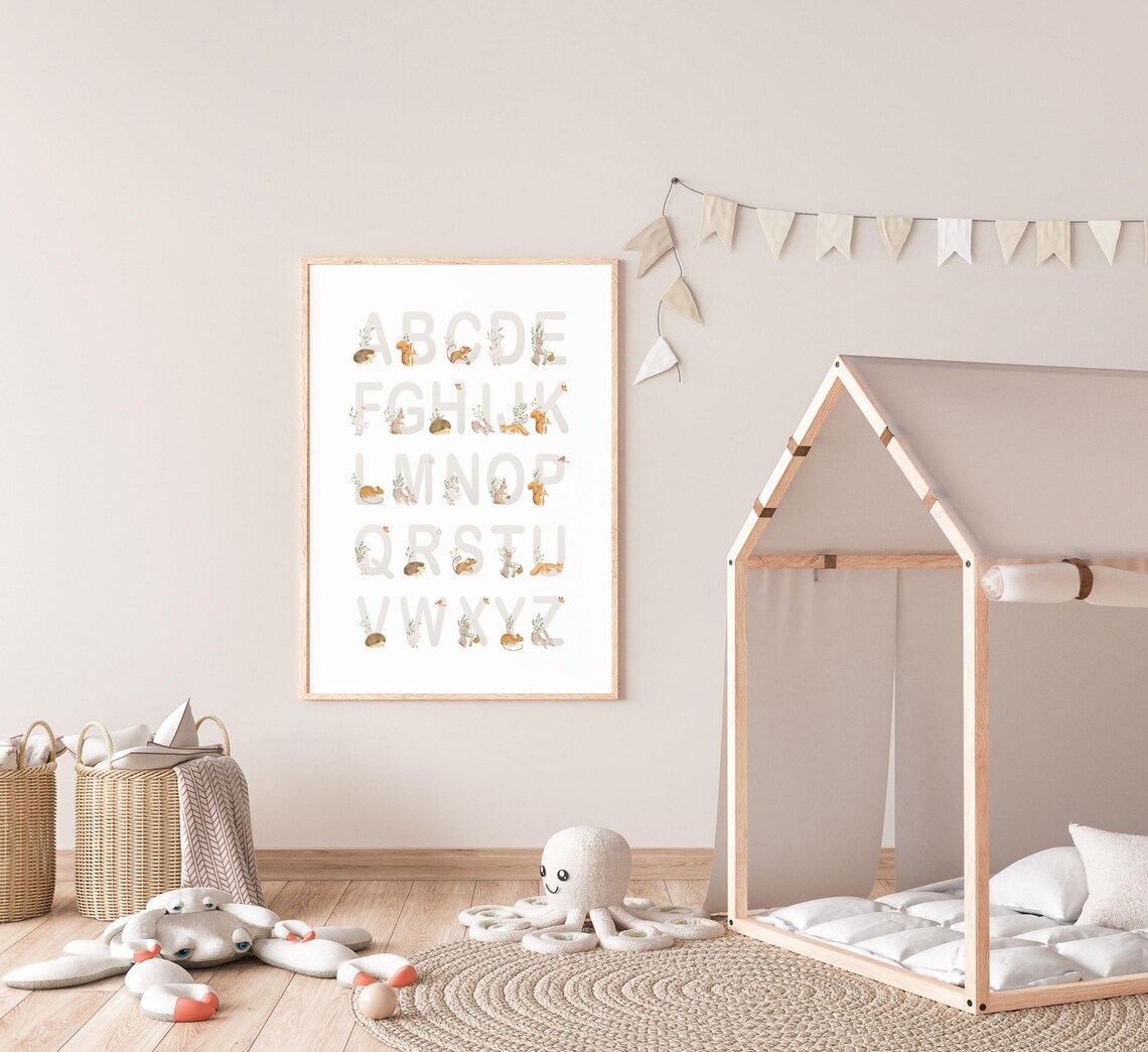 Woodland Animals Alphabet & Numbers Poster: Boho Nursery Art Digital ...