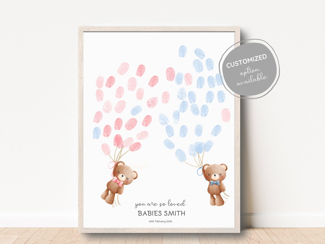 Twin Teddy Bear Fingerprint Poster, Personalized Twin Baby Shower Guest ...
