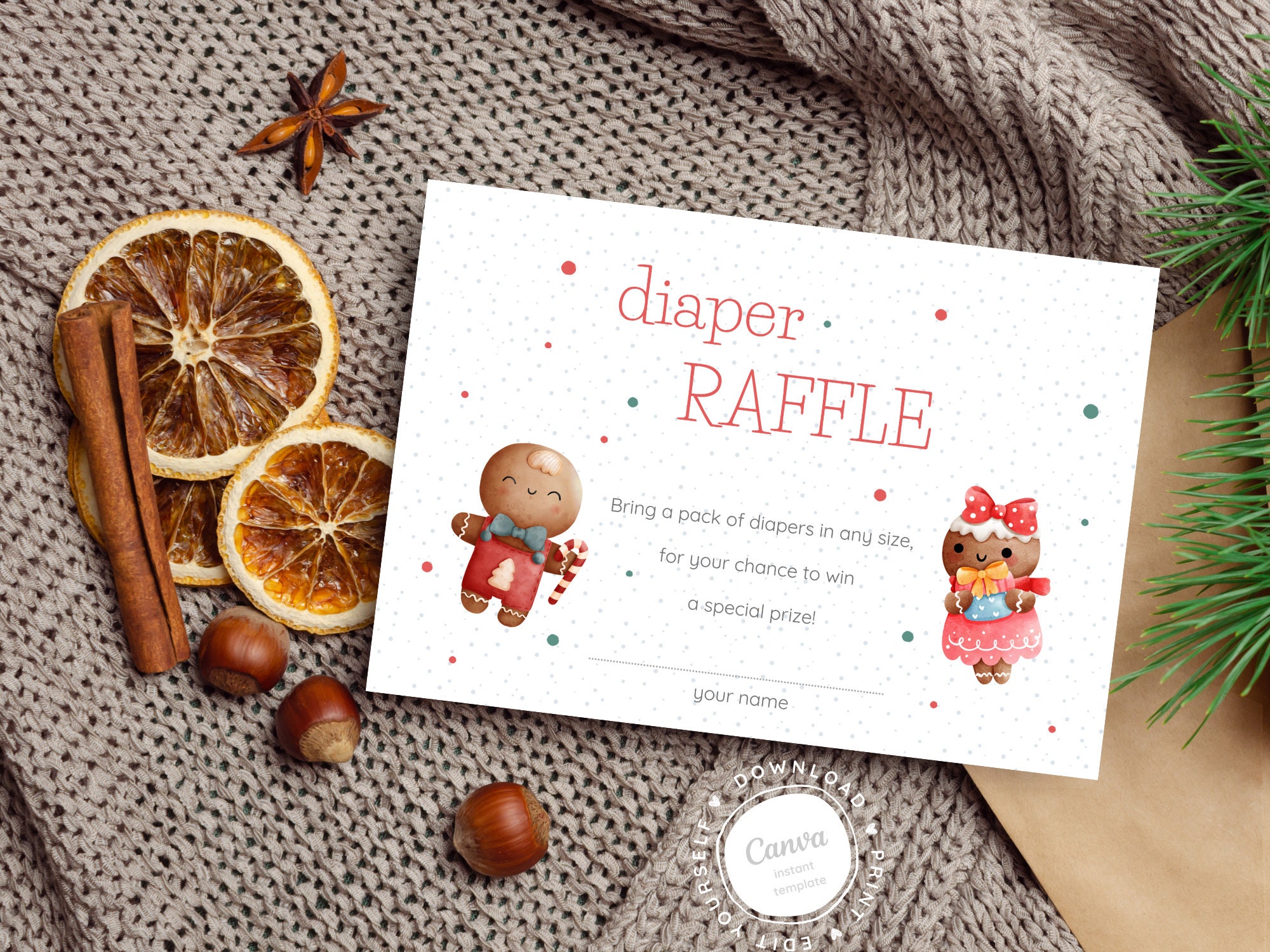 Diaper Raffle Card Gingerbread Man Gender Reveal, Winter Baby Shower ...