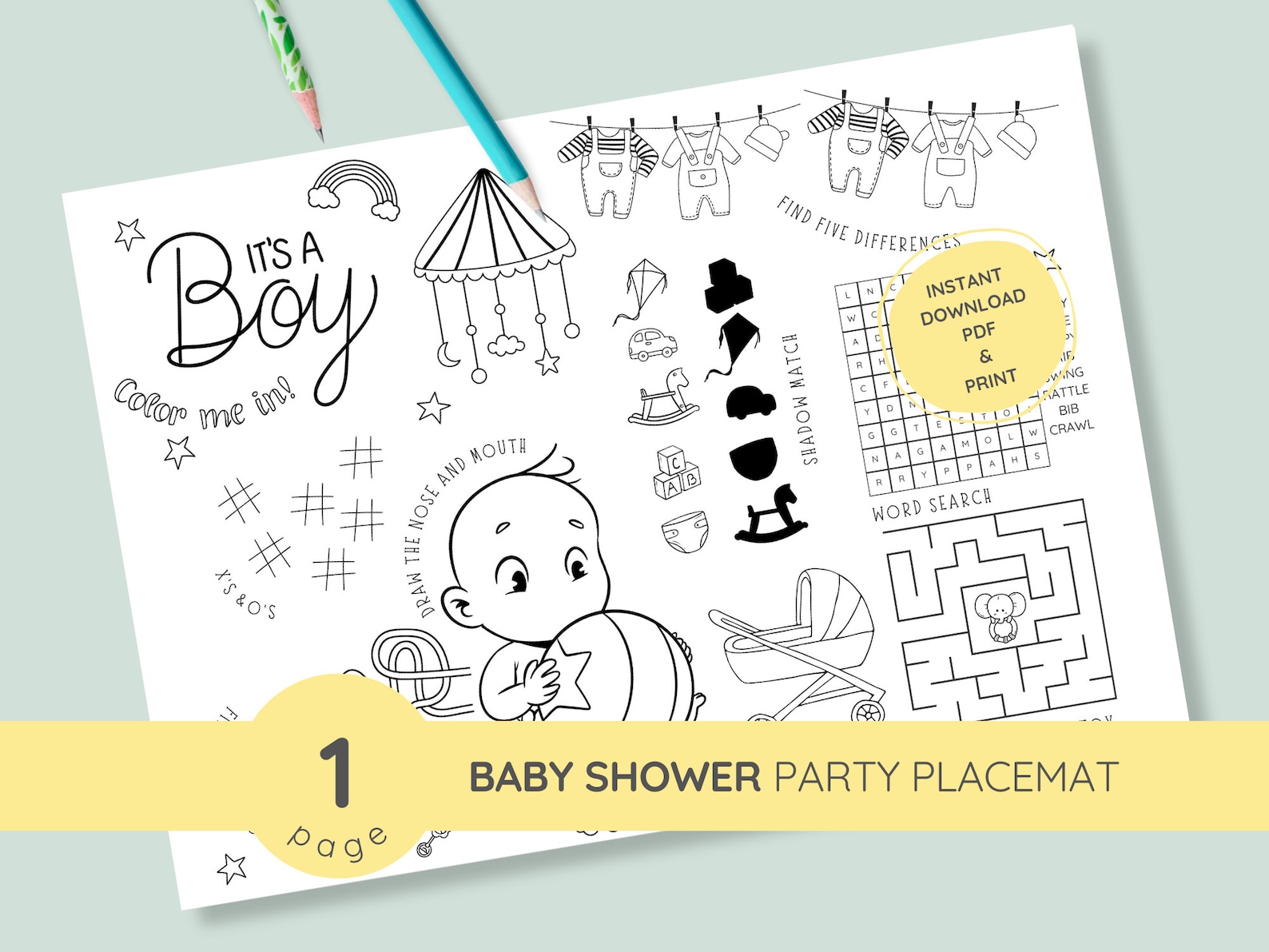 Baby Shower Activity Mat for Kids, Baby Shower Placemat, Downloadable ...