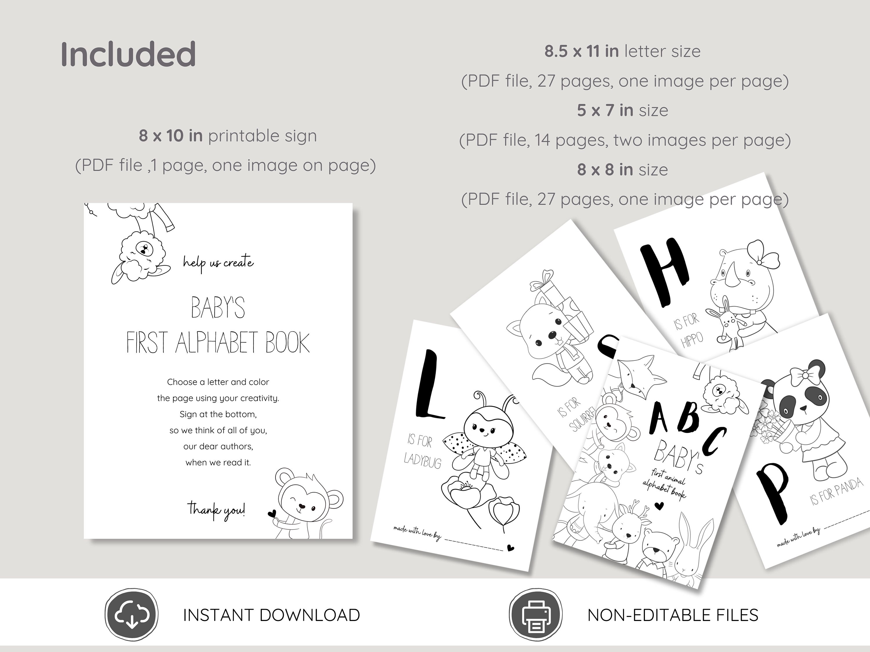 Baby Shower ABC Book, Fun Baby Shower Game, Animal Alphabet Coloring ...