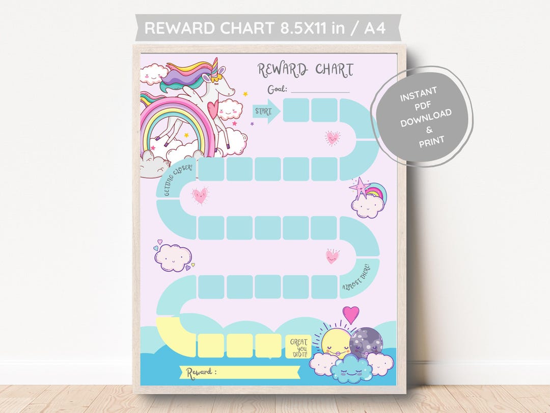 Unicorn Princess Reward Chart for Girls Kawaii Rainbow Potty Chart Cute ...