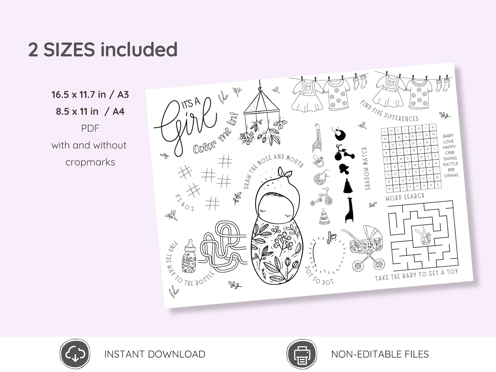 Baby Shower Activity Mat for Kids, Baby Shower Placemat, Downloadable ...