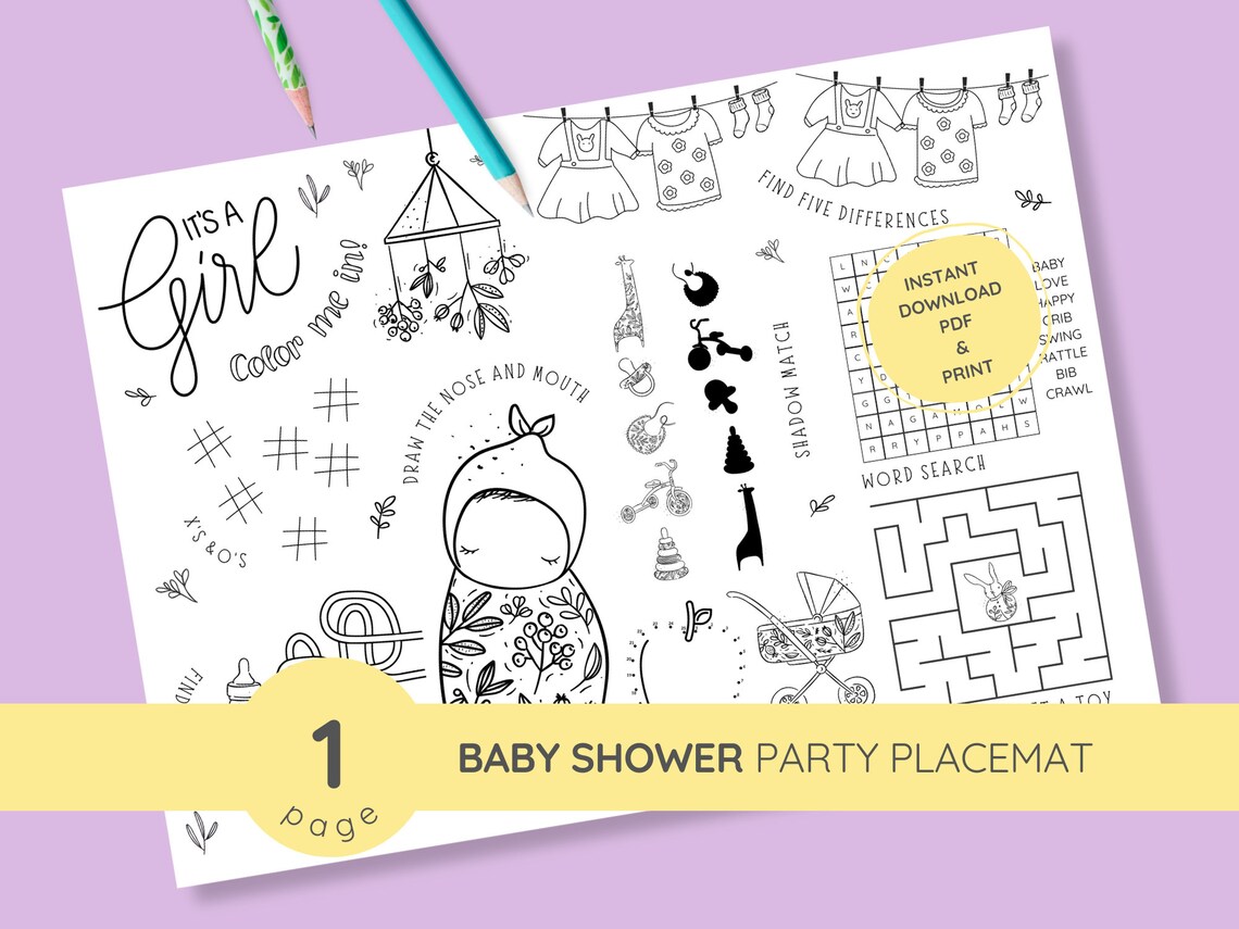 Baby Shower Activity Mat for Kids, Baby Shower Placemat, Downloadable ...