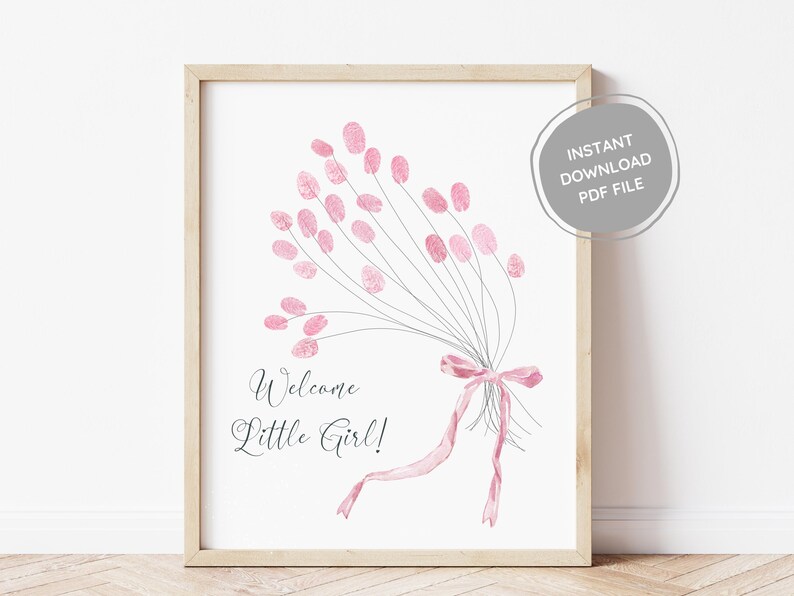 Pink Ribbon Fingerprint Poster for Girl Baby Shower, Alternative ...