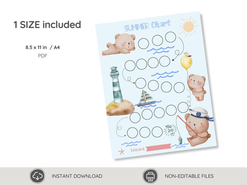 Summer Reward Chart, Pastel Blue Potty Chart, Cute Summer Motivational ...