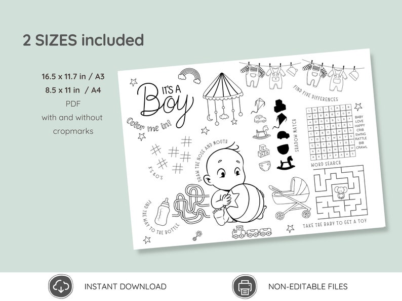Baby Shower Activity Mat for Kids, Baby Shower Placemat, Downloadable ...