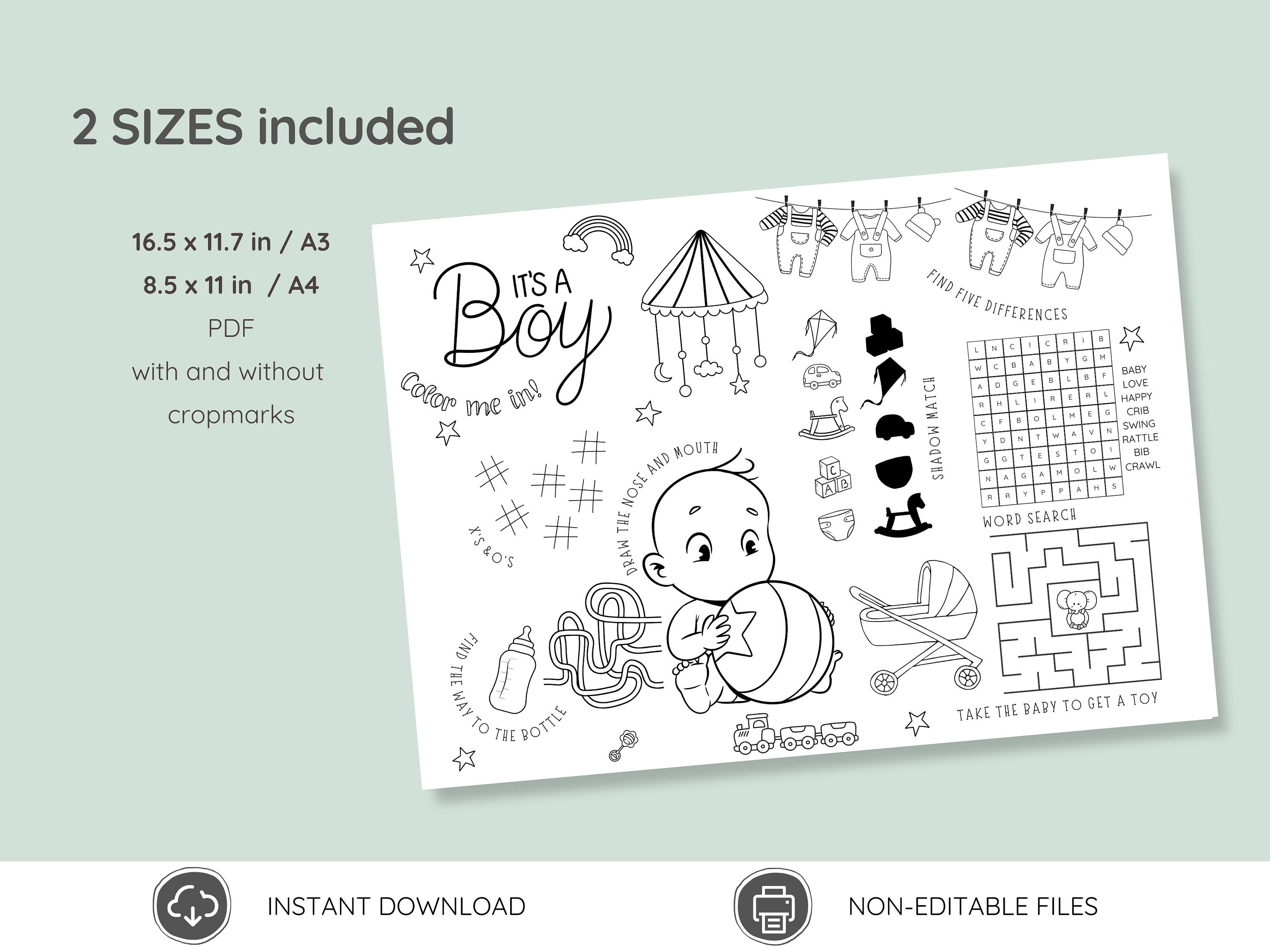 Baby Shower Activity Mat for Kids, Baby Shower Placemat, Downloadable ...