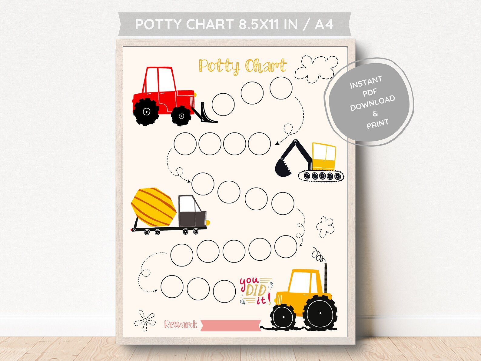 Excavator Potty Chart, Cute Vehicles Reward Chart for Toddlers, Toilet ...