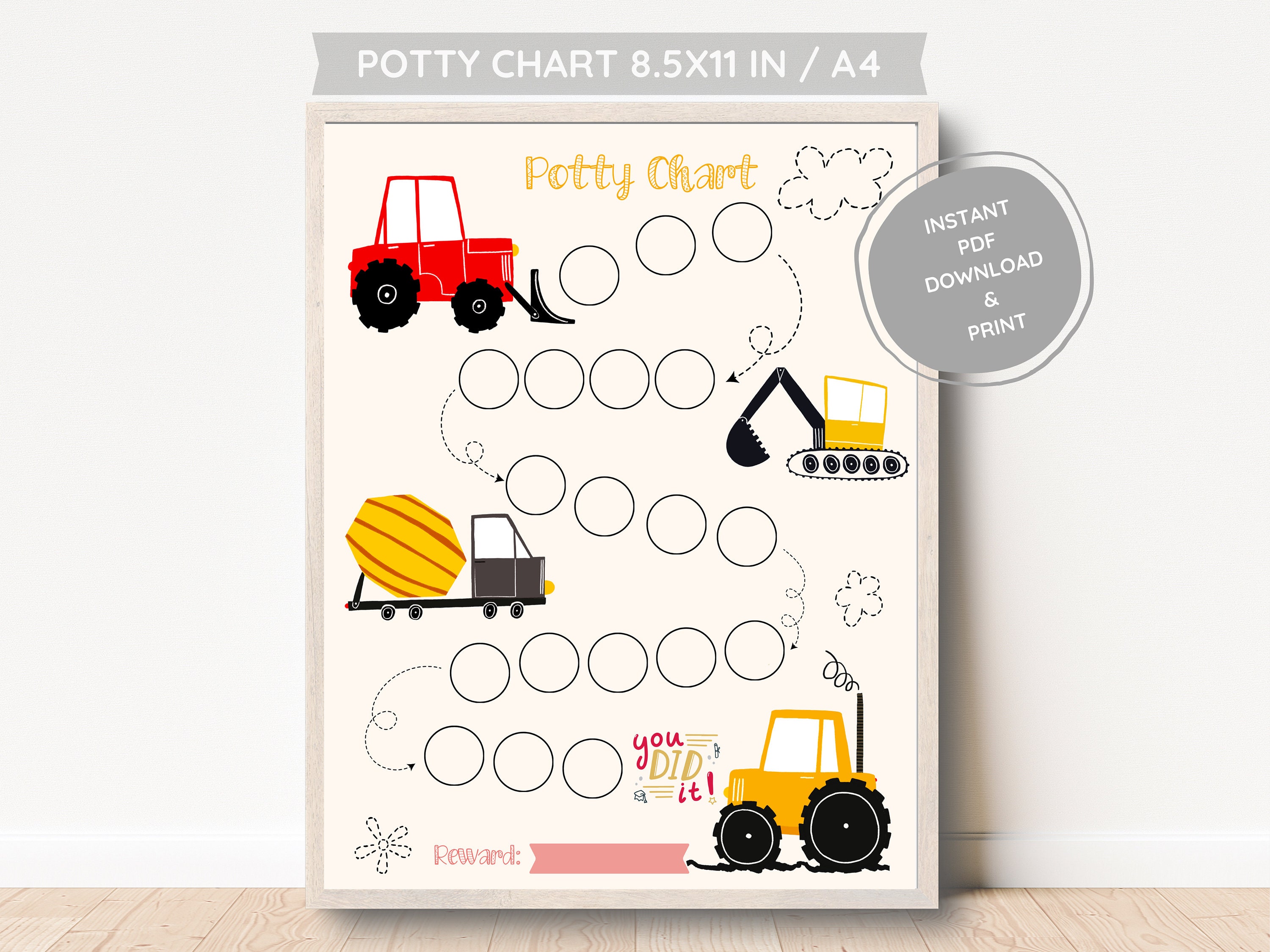 Excavator Potty Chart, Cute Vehicles Reward Chart for Toddlers, Toilet ...