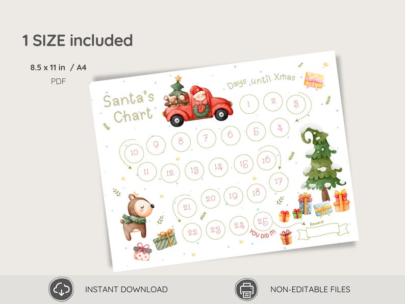 December Reward Chart for Kids, 25 Days of Christmas Fun Santa's ...