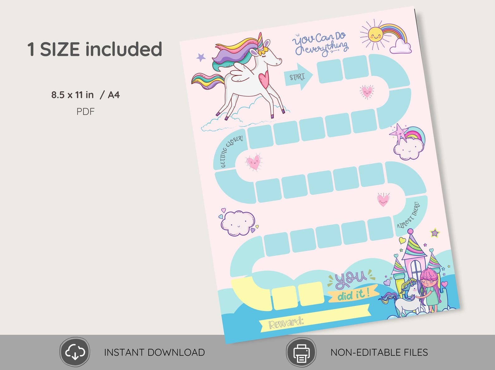 Princess Unicorn Reward Chart for Girls Kawaii Rainbow Potty Chart Cute ...