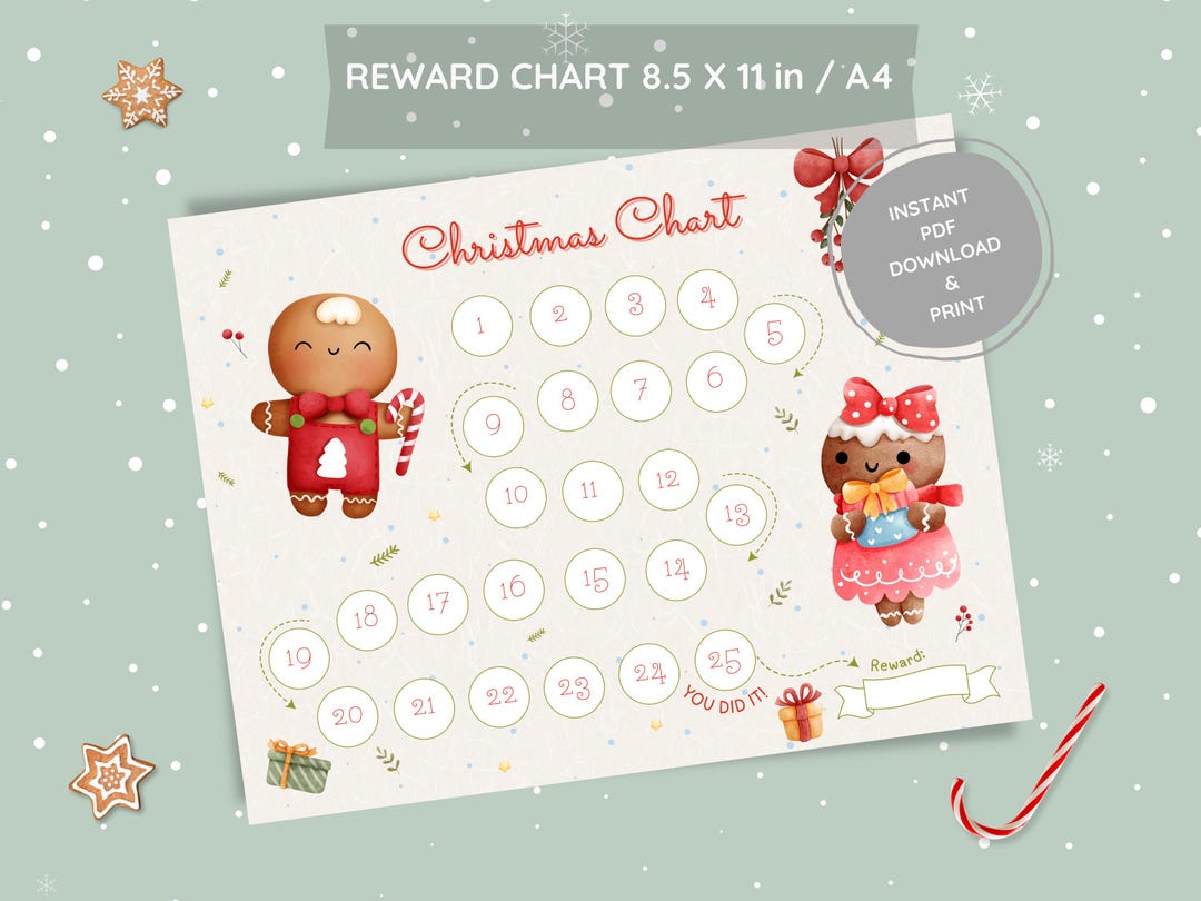 Gingerbread Reward Chart for Kids 25 Day December Countdown, Christmas ...
