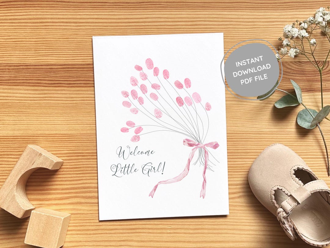 Pink Ribbon Fingerprint Poster for Girl Baby Shower, Alternative ...
