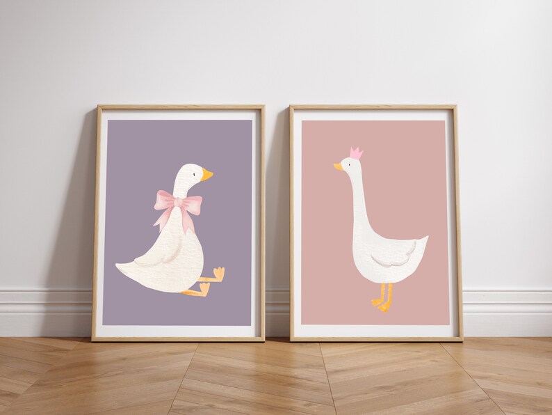 Goose Nursery Print Set: Pastel Pink & Purple Wall Art (digital ...