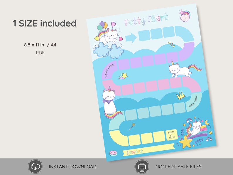 Unicorn Cat Potty Chart, Kawaii Reward Chart Toddlers, Cute Toilet ...