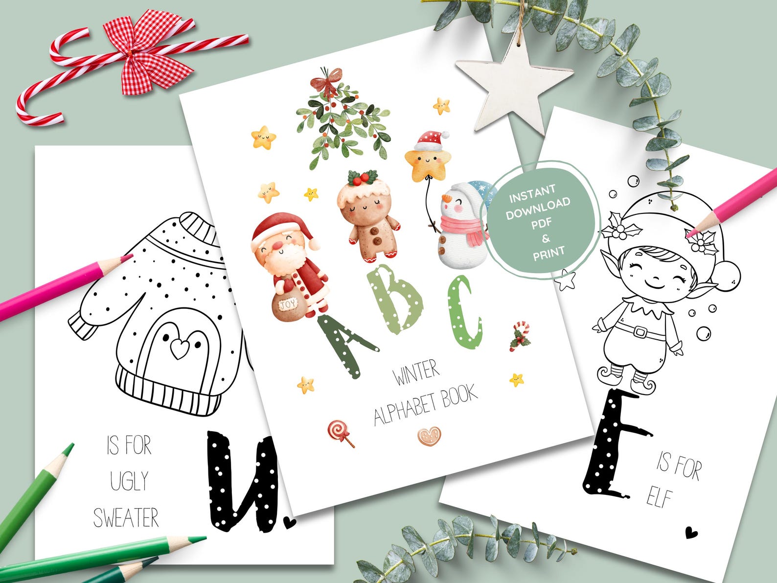 Printable Santa ABC Coloring Book for Kids, Xmas Crafts Winter Coloring ...