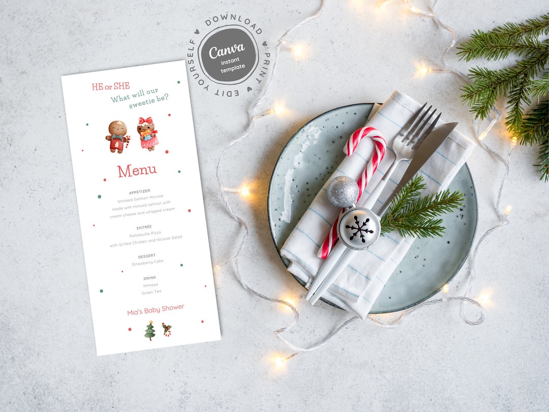 Gingerbread Man Gender Reveal Menu Template, Gingerbread Woman, Winter ...