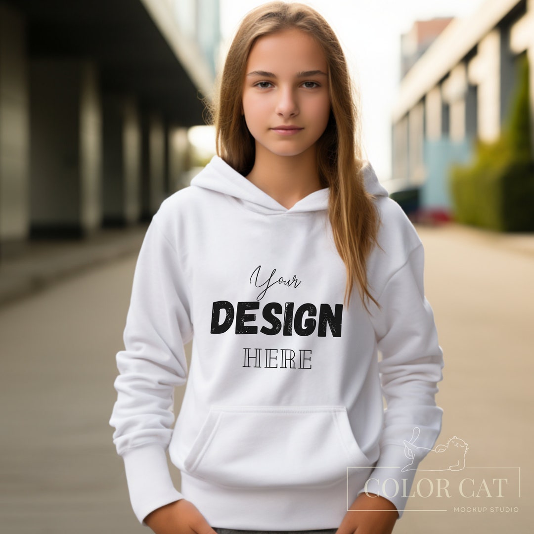 Gildan 18500b Kids Sweatshirt Mockup, Cute Girl Mocks, Front View ...