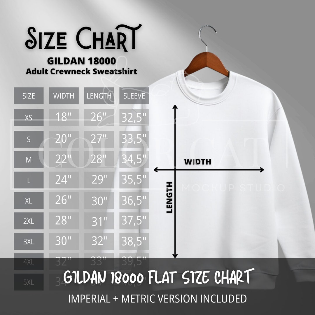 Gildan 18000 Sweatshirt Size Chart With Flat Mock-up, Imperial + Metric ...