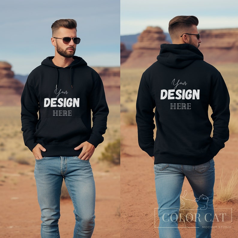 Gildan 18500 Male Front and Back View Hoodie Mockup, Handsome Boys ...