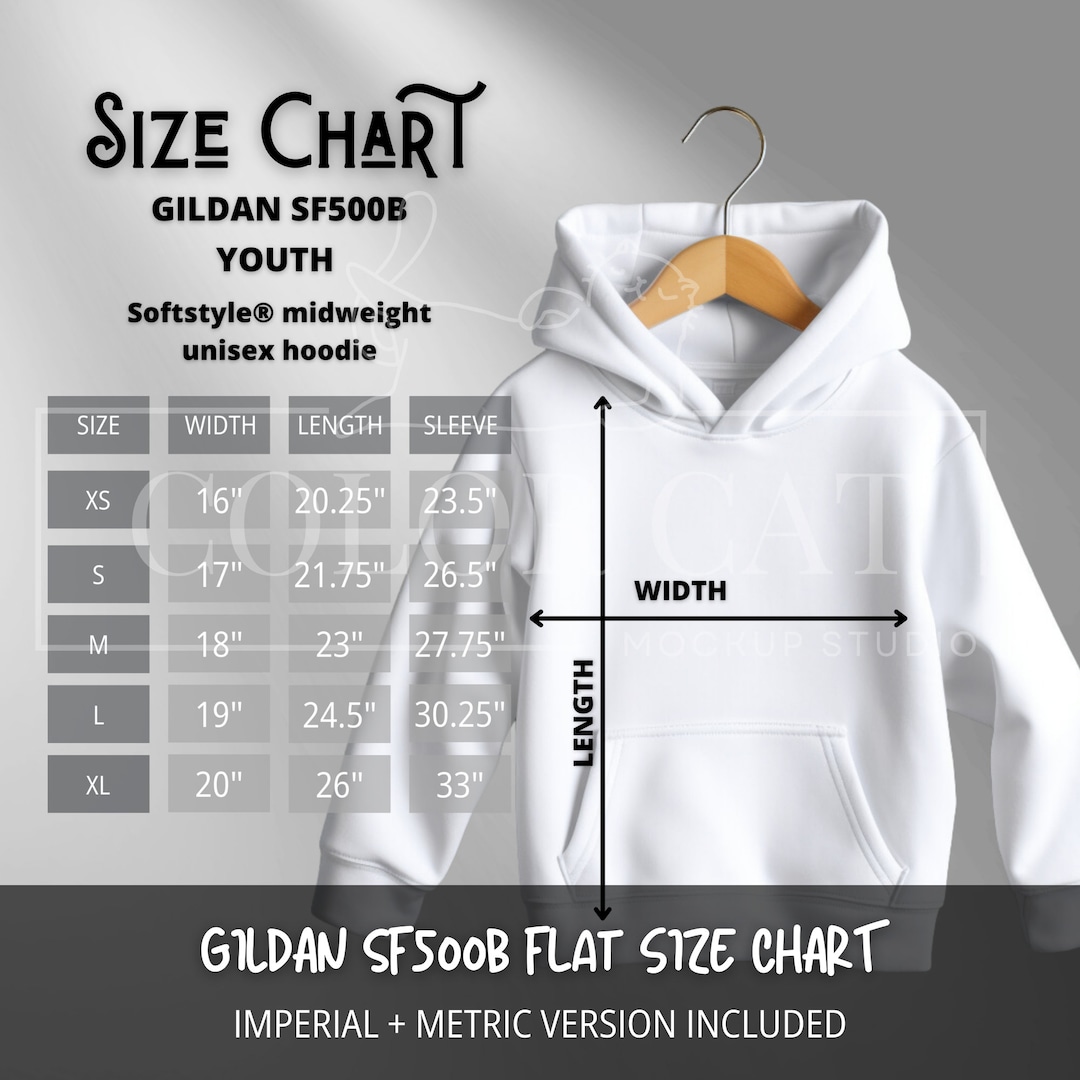 Gildan SF500B Youth Hoodie Size Chart With Flat Mock-up, Imperial ...