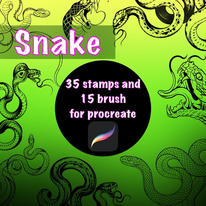 Snake Procreate Stamp Set, Tattoo Design, Snake Serpent Reptile Brush ...