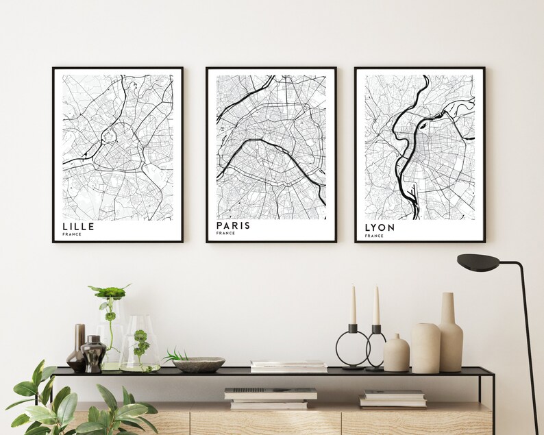 Custom Set of 3 Map Prints 3 Piece Wall Art Set Bedroom Wall Decor ...