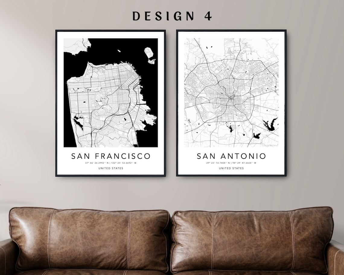 Custom Map Set of 2 City Maps Personalized Map 2 Piece Wall Art Living ...