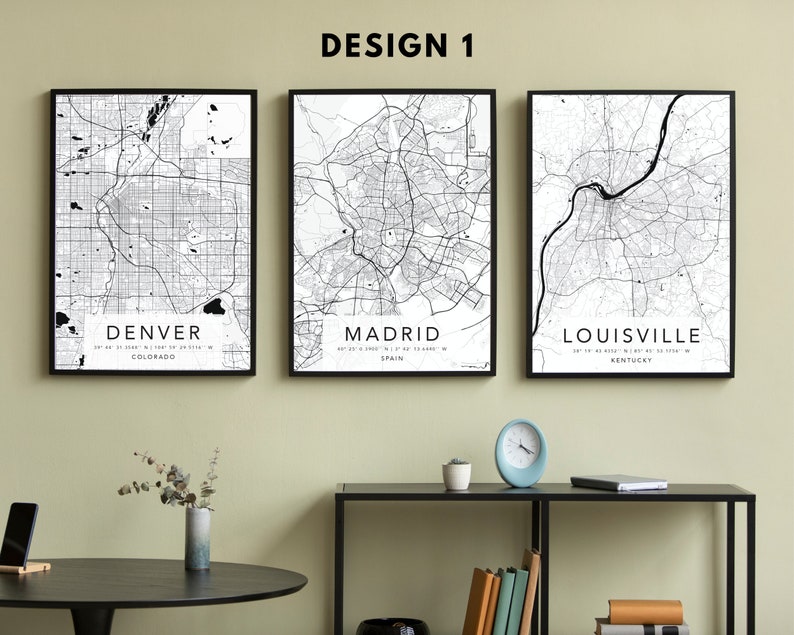 Custom Set of 3 Map Prints 3 Piece Wall Art Set Bedroom Wall Decor ...
