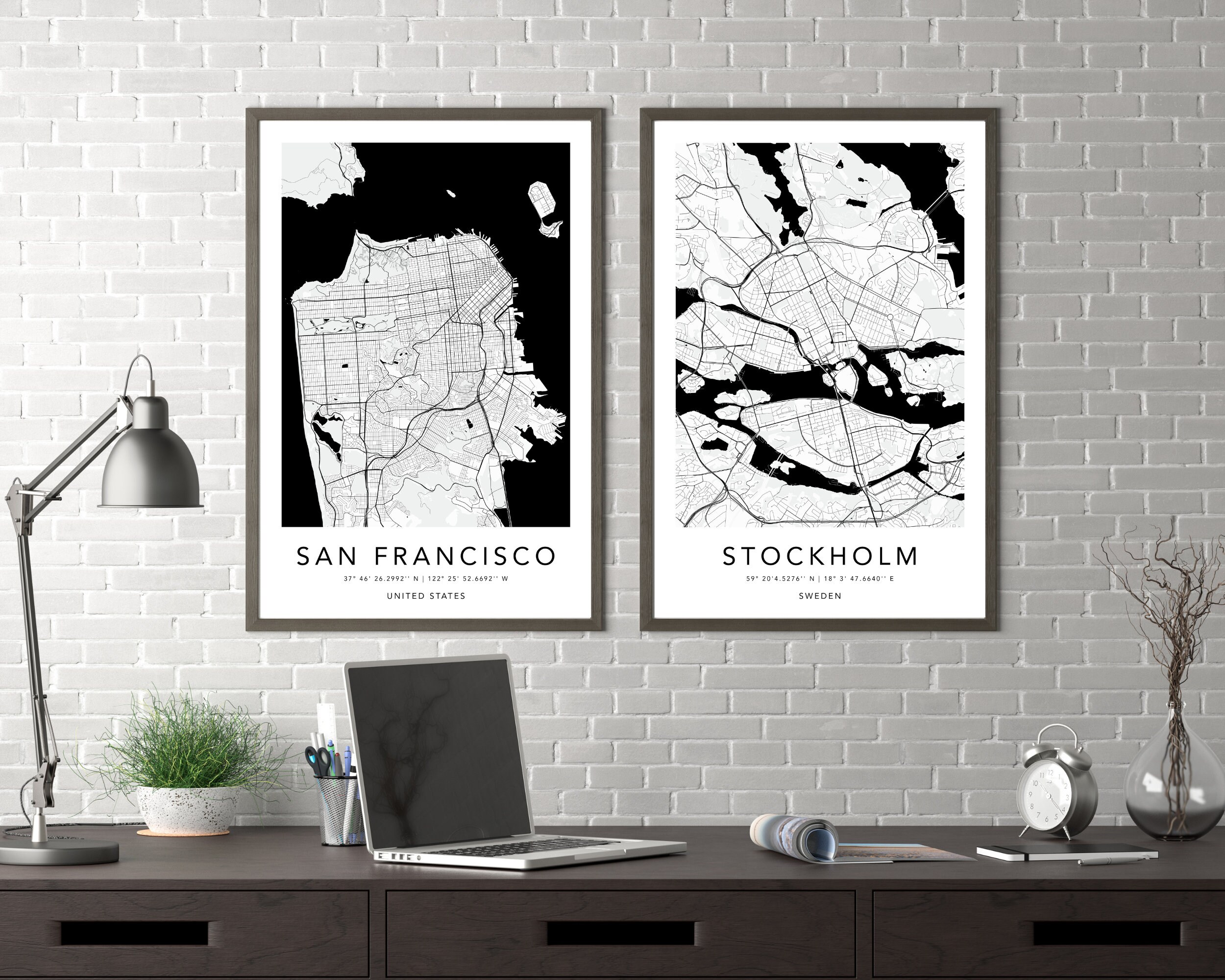 Custom Map Set of 2 City Maps Personalized Map 2 Piece Wall Art Living ...