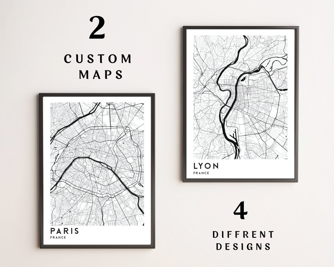 Custom Map Set of 2 City Maps Personalized Map 2 Piece Wall Art Living ...