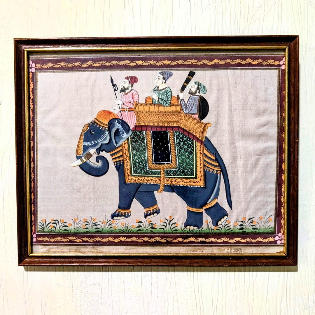 Vintage Indian Silk Painting, Antique Mughall Indian Painting Elephant ...