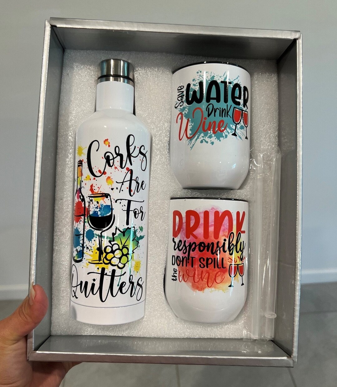 Personalized Wine Set. Bottle With Wine Cups and Straws, Stainless ...