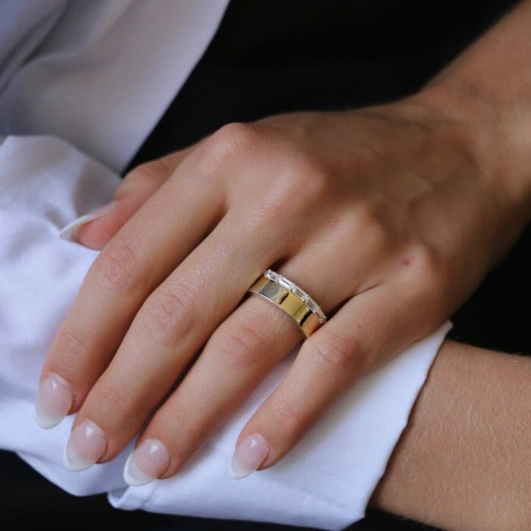 14K Yellow Gold Engagement Band, Unique Cigar Band With Flush Diamond ...