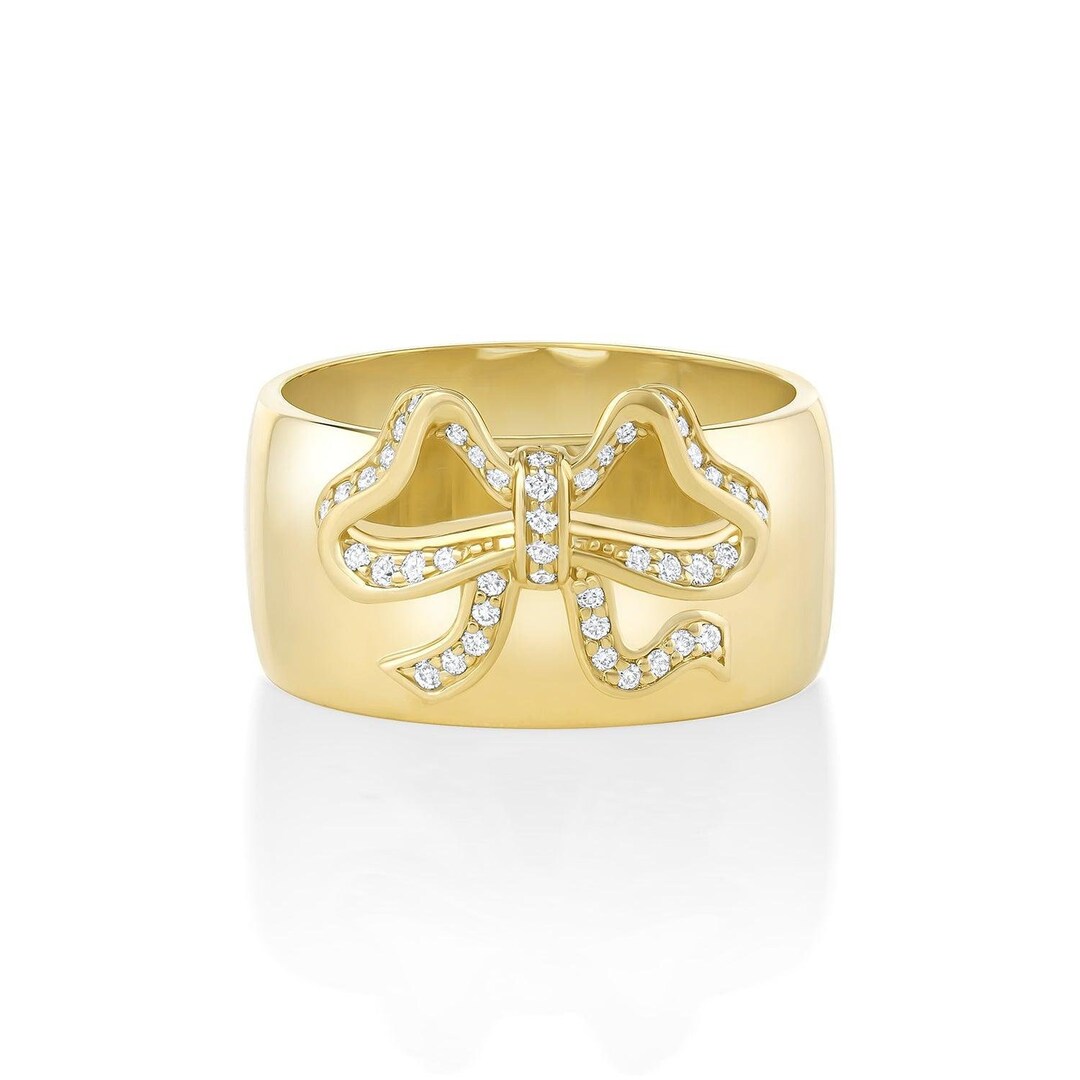 14k Solid Gold Wedding Band Bow Ring, Ribbon Gold Ring, Cigar Band Gold ...