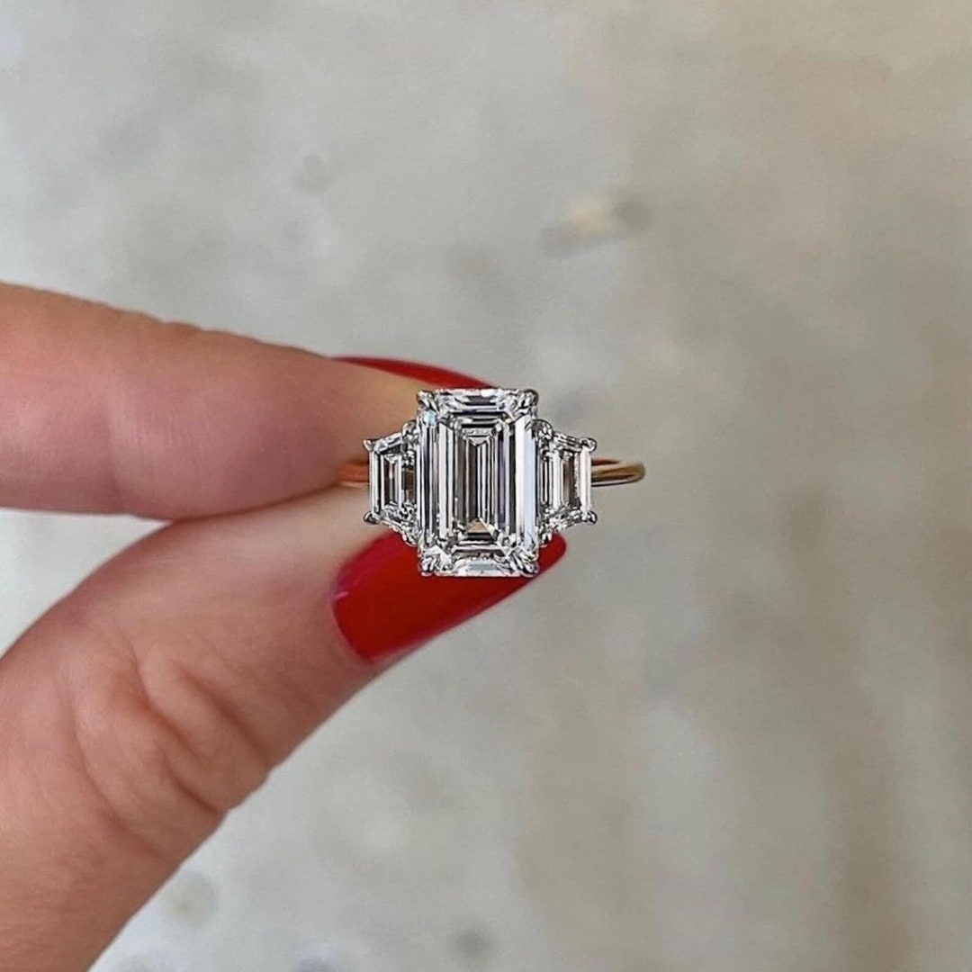 3CT Emerald Ring - Three Stone Emerald Cut Lab Diamond Engagement and ...