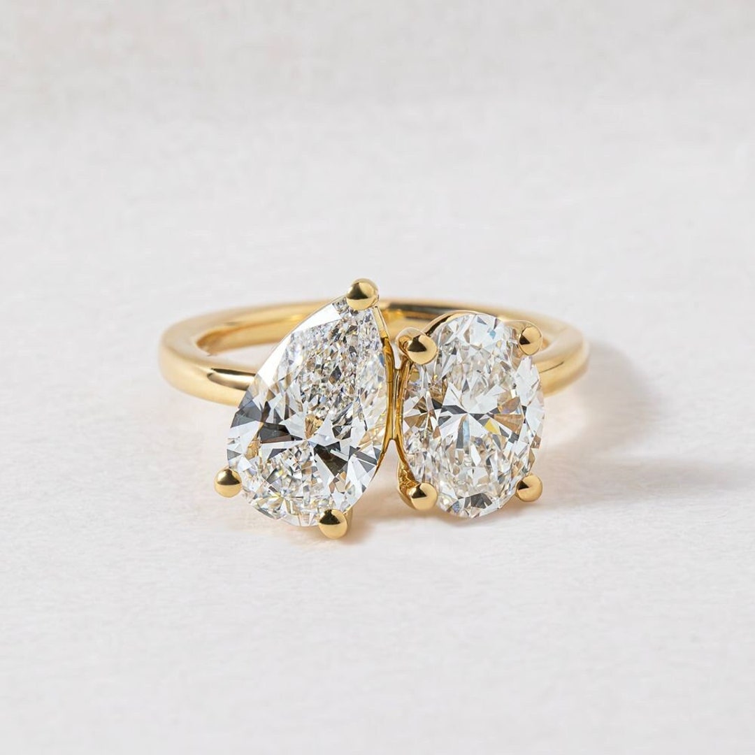 14k Solid Gold Toi Et Moi Engagement Ring, Pear and Oval Cut Moissanite ...