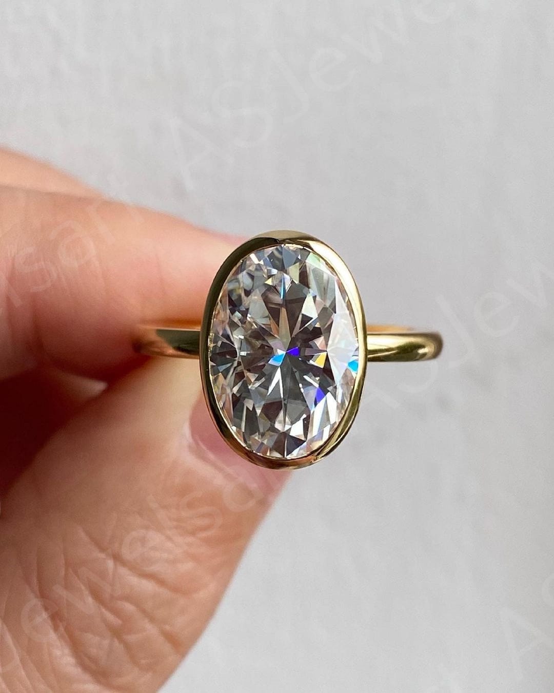 Tulip Setting Oval Cut Moissanite Ring, Bezel Set Engagement Ring ...
